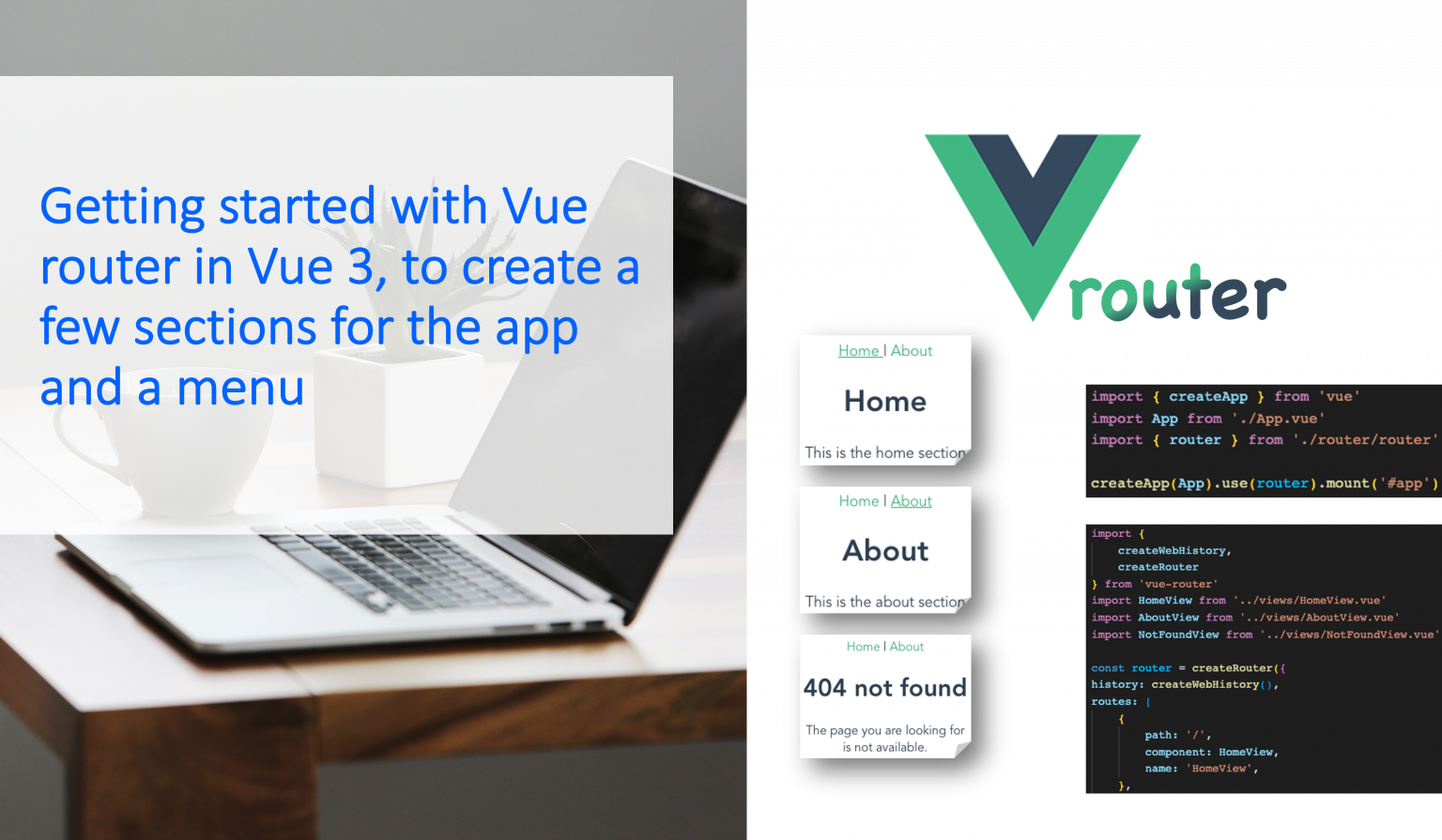 Getting started with Vue router in Vue.js 3, to create a few sections for the app and a menu ...